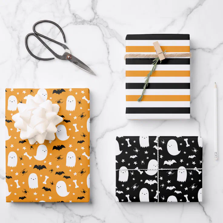 Cute Ghosts & Bats Orange Halloween Wrapping Paper Sheets | Zazzle