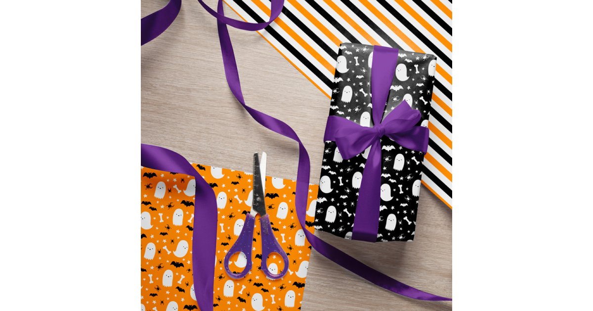 Cute Ghosts & Bats Orange Halloween Wrapping Paper Sheets | Zazzle