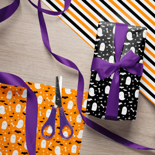 Cute Ghosts & Bats Orange Halloween Wrapping Paper Sheets | Zazzle