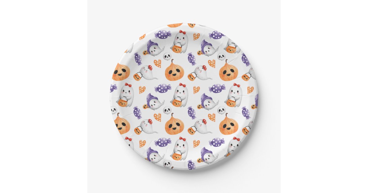Cute Ghosts Pumpkin Pattern Halloween Baby Shower Paper Plates | Zazzle