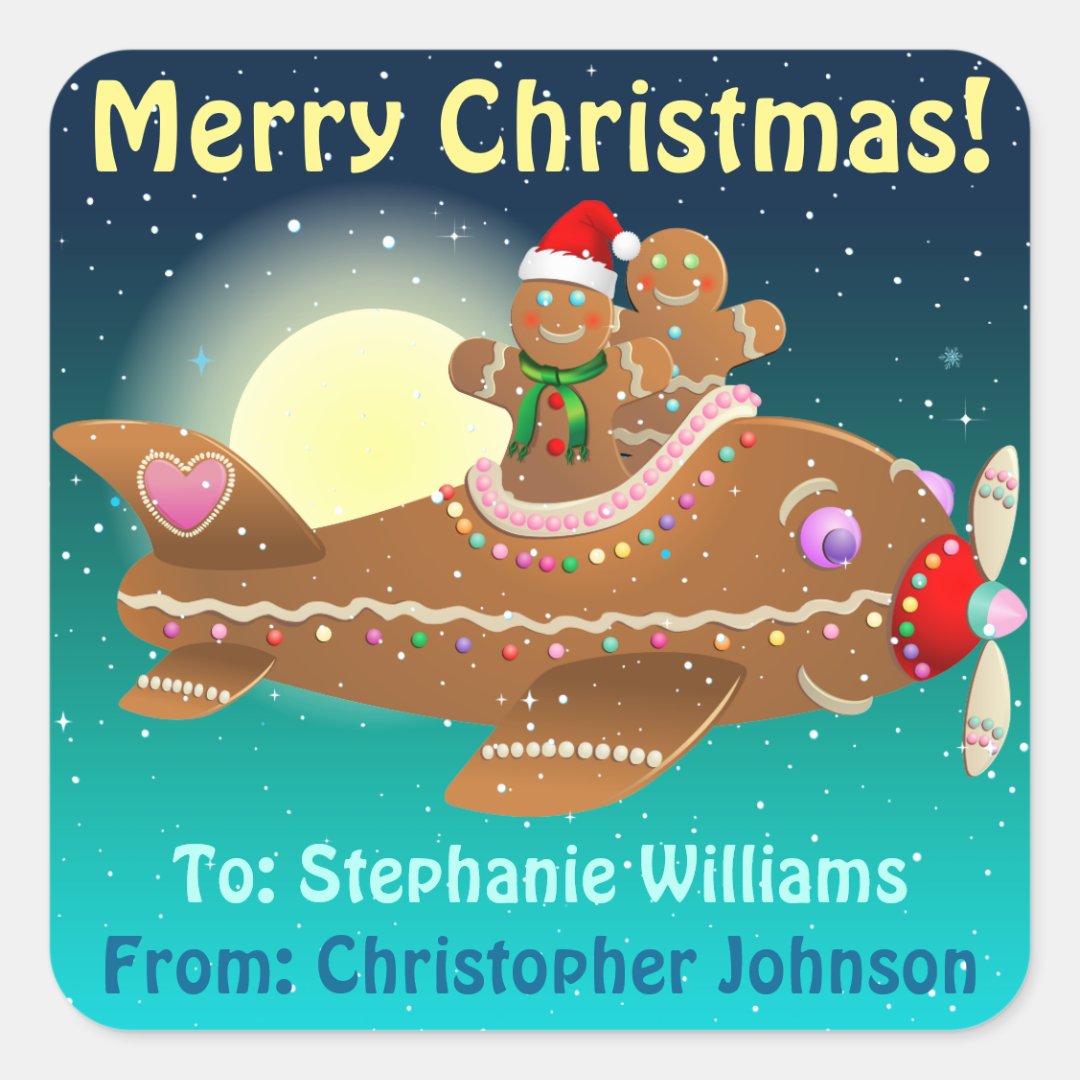 Cute Gingerbread Airplane Cartoon Square Sticker | Zazzle