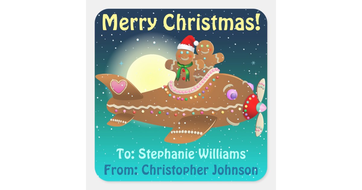 Cute Gingerbread Airplane Cartoon Square Sticker | Zazzle