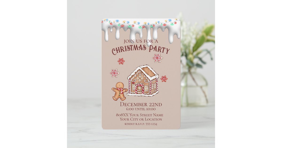 Cute Gingerbread House Beige Christmas Party Invitation | Zazzle