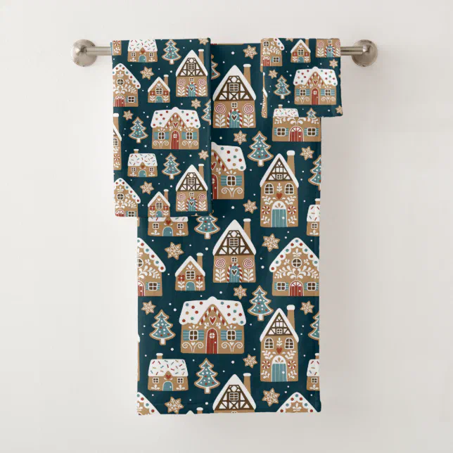 Cute Gingerbread Houses & Cookies Blue Christmas Bath Towel Set | Zazzle