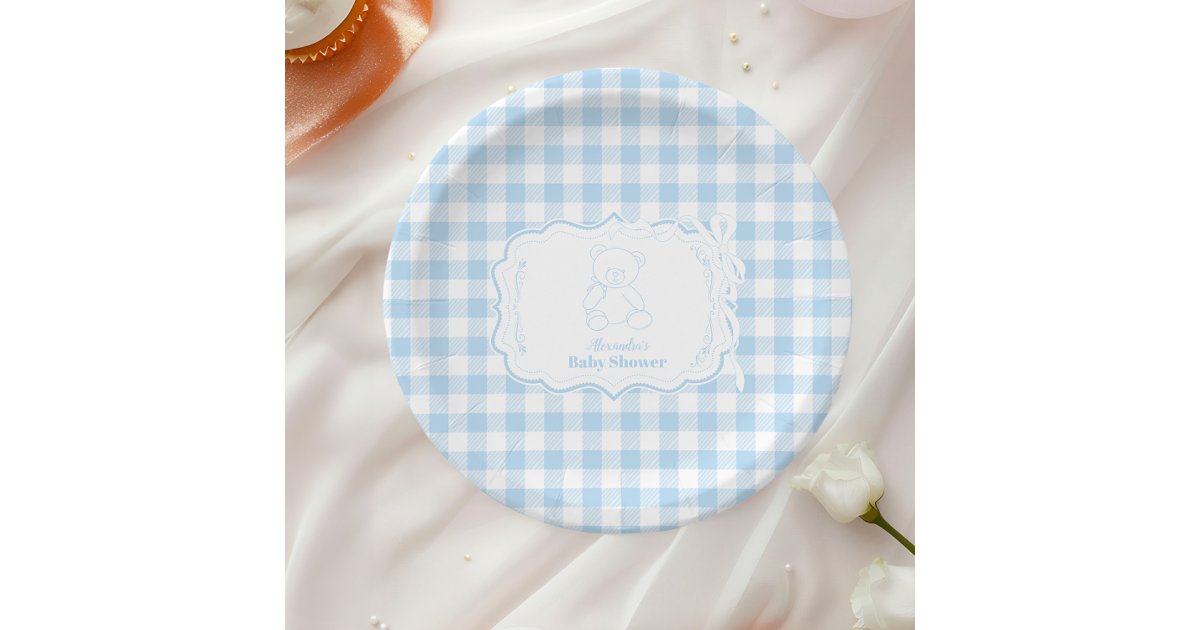 Cute Gingham French Teddy Bear Baby Shower Paper Plates | Zazzle