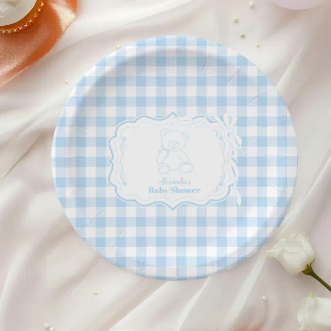 Cute Gingham French Teddy Bear Baby Shower Paper Plates | Zazzle