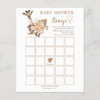 Cute Giraffe Boho Dried Grasses Baby Shower Bingo | Zazzle