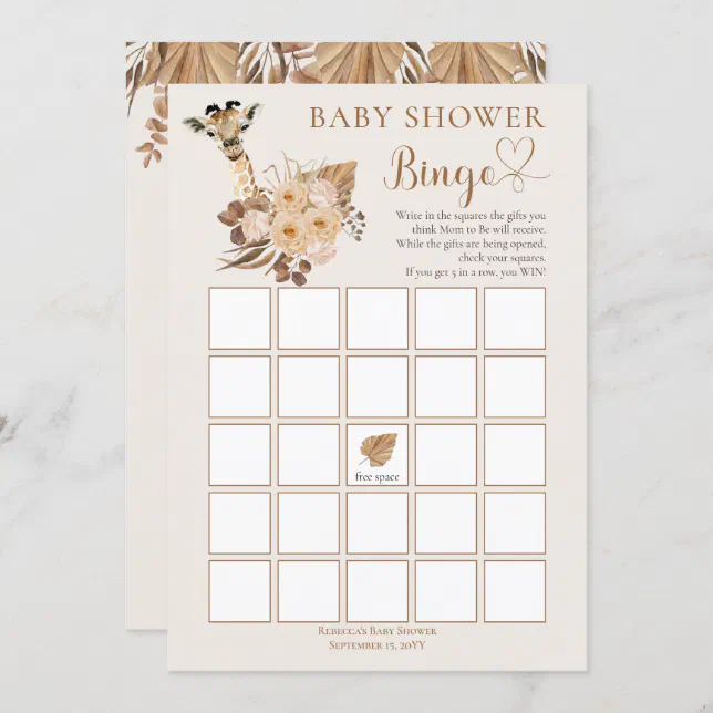 Cute Giraffe Boho Dried Grasses Baby Shower Bingo Invitation | Zazzle
