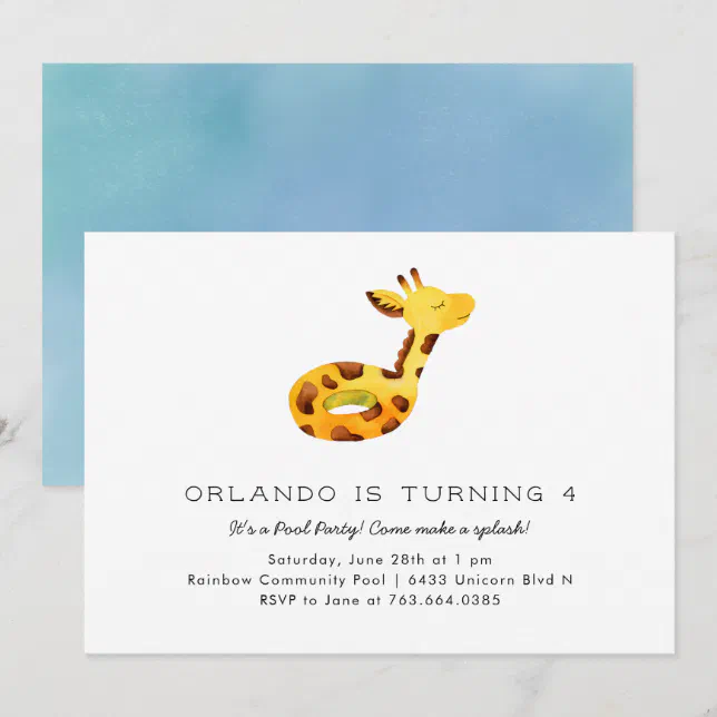 Cute Giraffe Floatie Pool Birthday Party Invitation | Zazzle