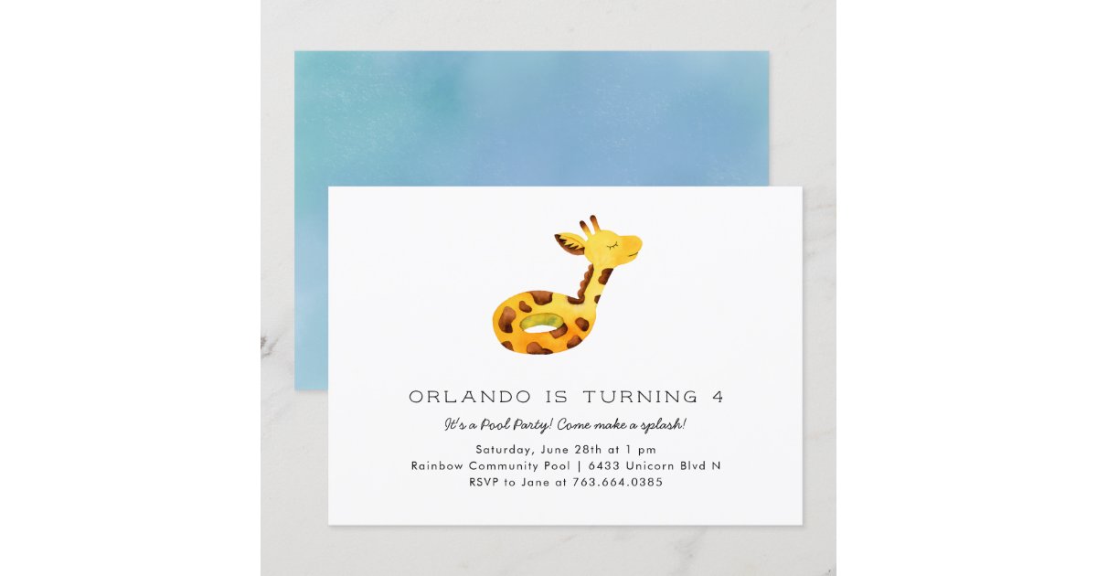Cute Giraffe Floatie Pool Birthday Party Invitation | Zazzle