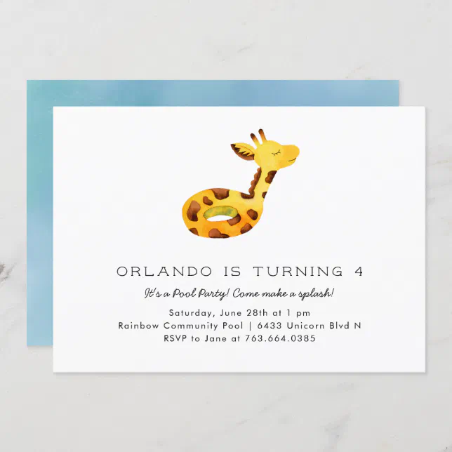 Cute Giraffe Floatie Pool Birthday Party Invitation | Zazzle