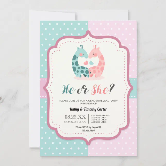 cute giraffe polka dots gender reveal party hearts invitation | Zazzle