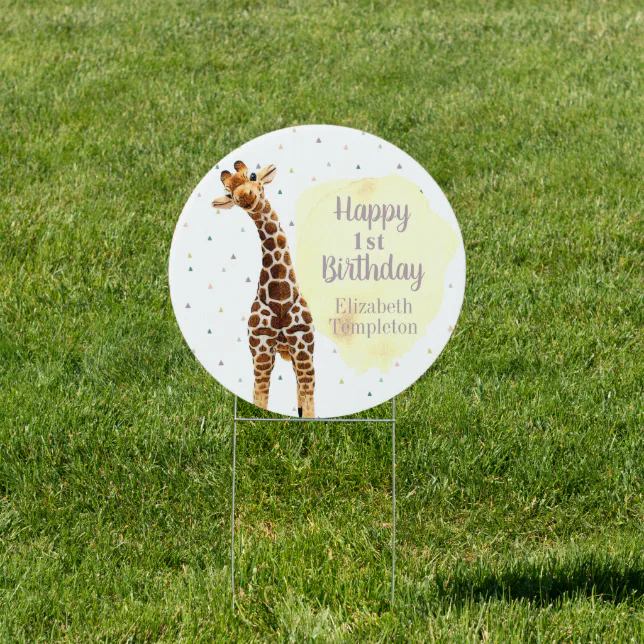 Cute Giraffe Safari Wild Yellow 1st Birthday Party Sign | Zazzle