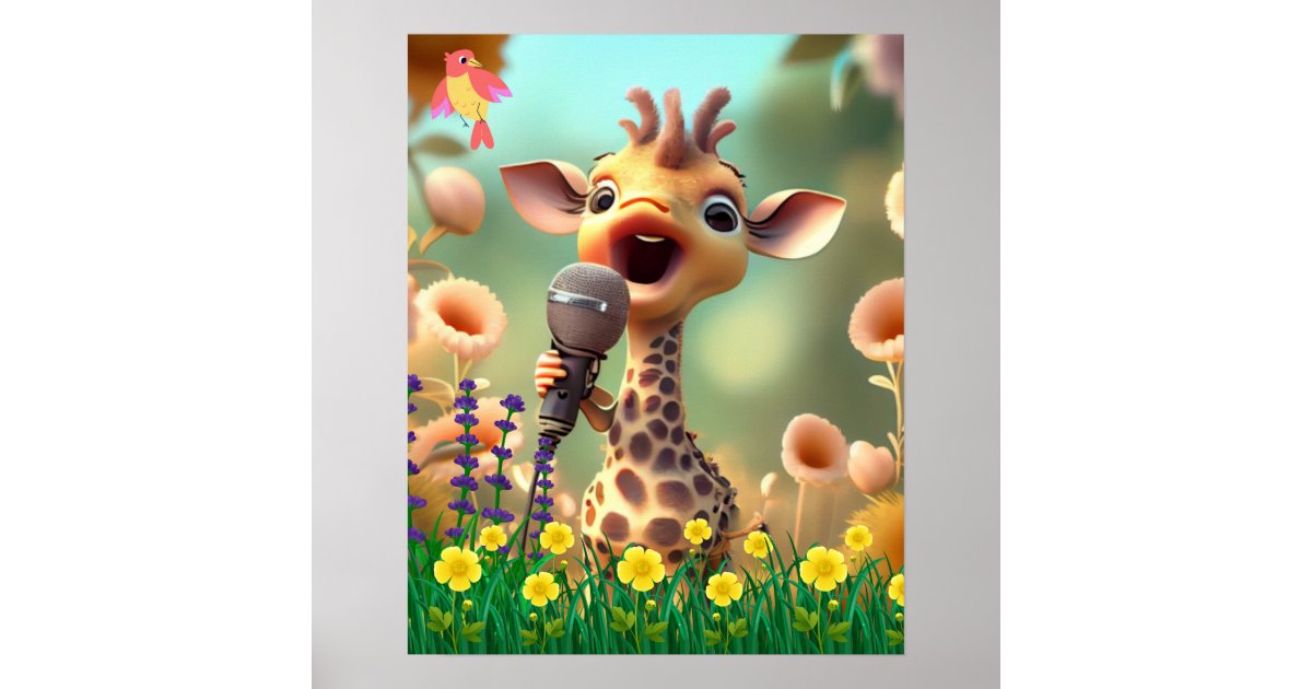 Cute Giraffe singing with mic in garden of flowers Poster | Zazzle