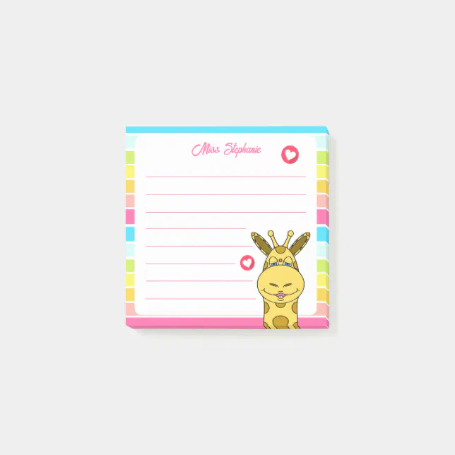 Cute Giraffe With Hearts Rainbow Teacher Name Post-it Notes | Zazzle