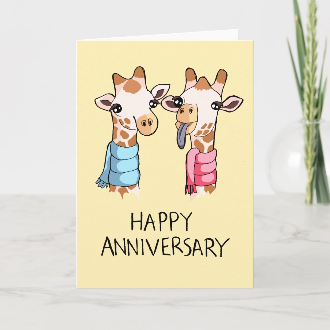 Cute Giraffes Scarves Drawing Anniversary Card | Zazzle