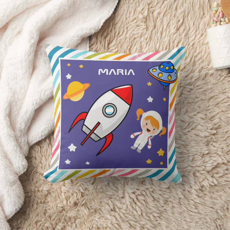 Cute Girl Astronaut Outer Space Rocket Kids Room Throw Pillow | Zazzle