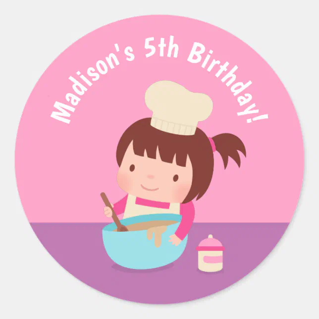 Cute Girl Baking Chef Birthday Party Decorative Classic Round Sticker ...