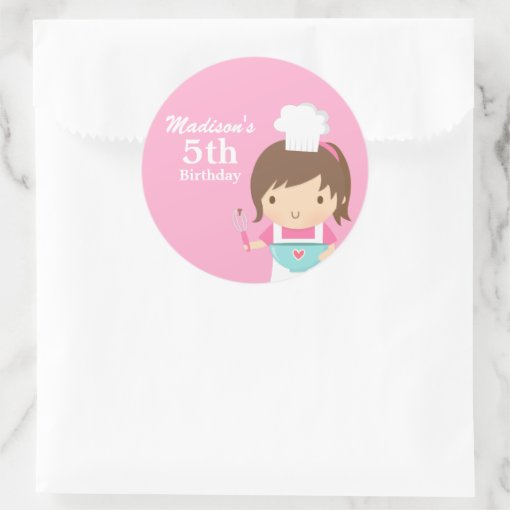 Cute Girl Chef Cooking Baking Birthday Party Classic Round Sticker | Zazzle