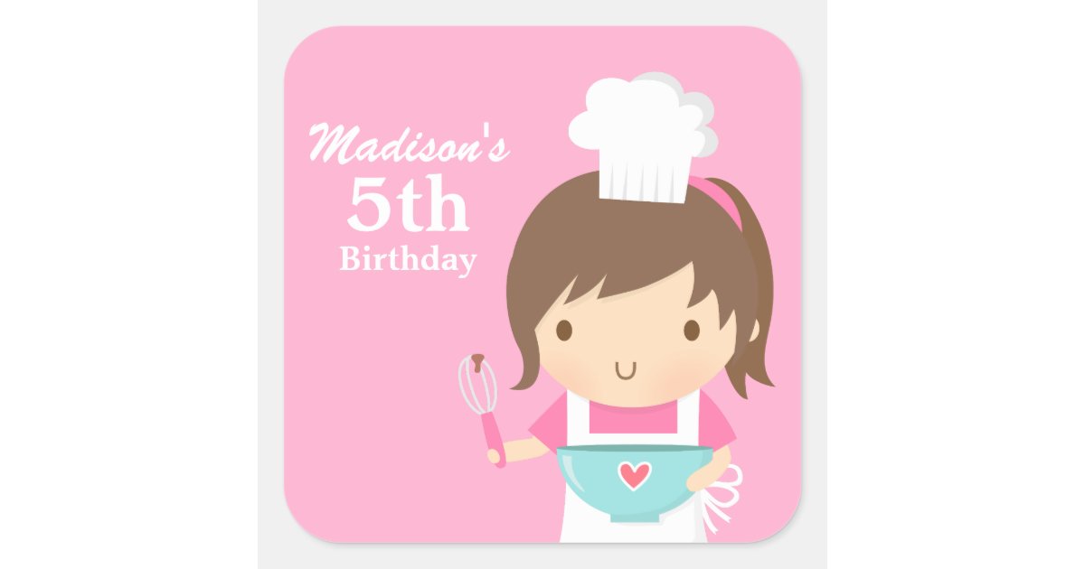 Cute Girl Chef Cooking Baking Birthday Party Square Sticker | Zazzle