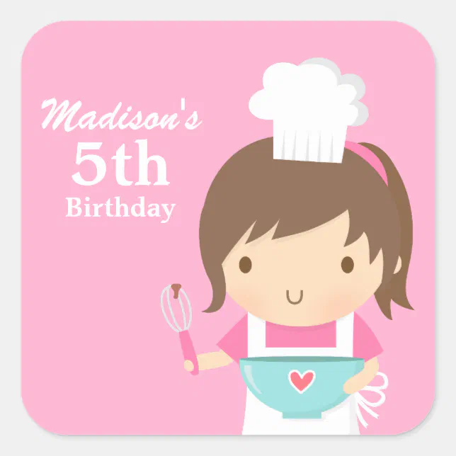 Cute Girl Chef Cooking Baking Birthday Party Square Sticker | Zazzle