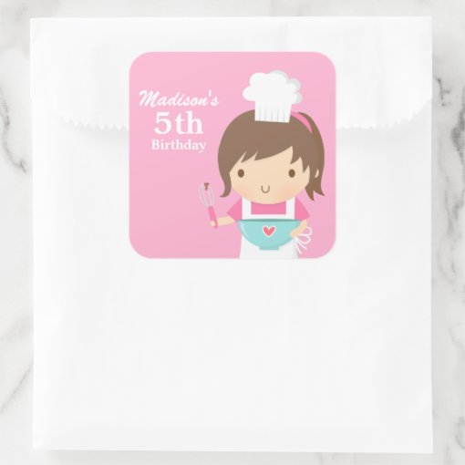 Cute Girl Chef Cooking Baking Birthday Party Square Sticker | Zazzle