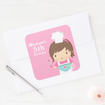 Cute Girl Chef Cooking Baking Birthday Party Square Sticker | Zazzle