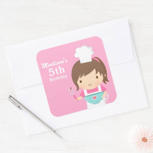 Cute Girl Chef Cooking Baking Birthday Party Square Sticker | Zazzle