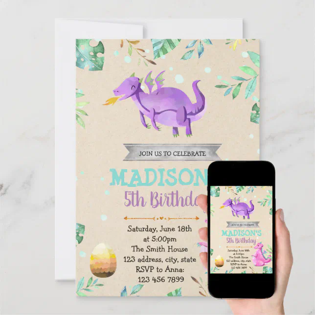 Cute girl dragon birthday party invitation | Zazzle