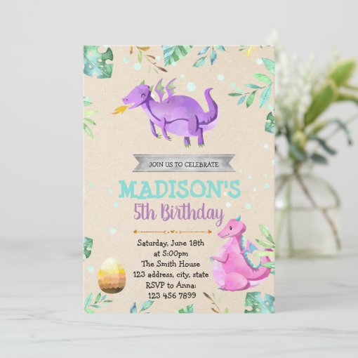 Cute girl dragon birthday party invitation | Zazzle