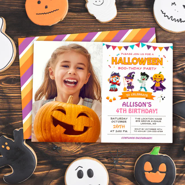 Cute Girl Kids Halloween Birthday Party Photo Invitation | Zazzle