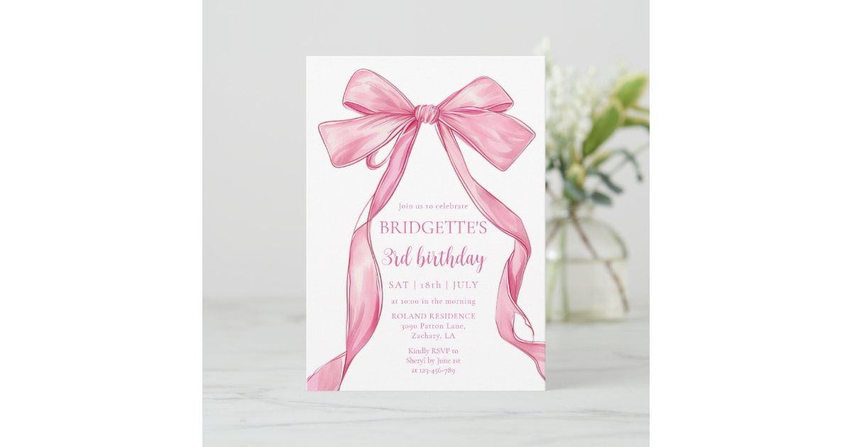 Cute Girl Pink Bow Birthday Invitation | Zazzle
