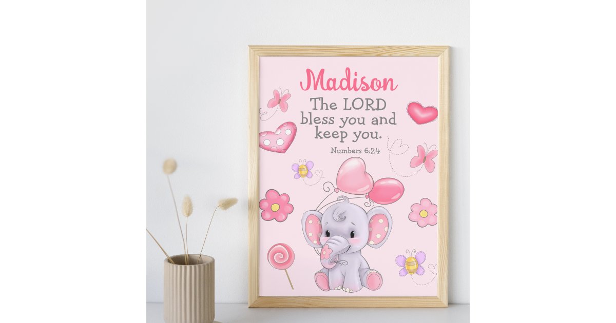 Cute Girl Pink Elephant Christian Blessing Name Poster | Zazzle