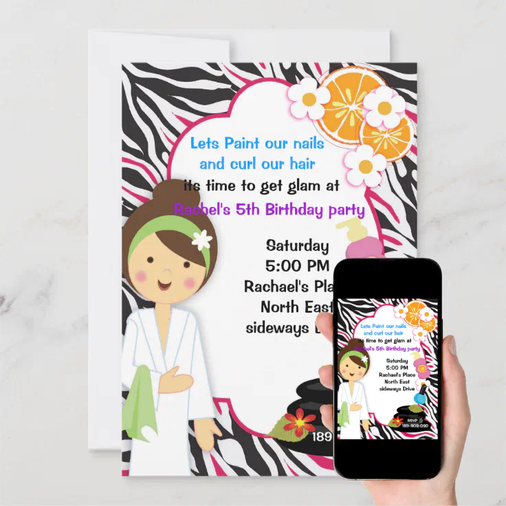 cute girl Pink Zebra spa party invitation | Zazzle