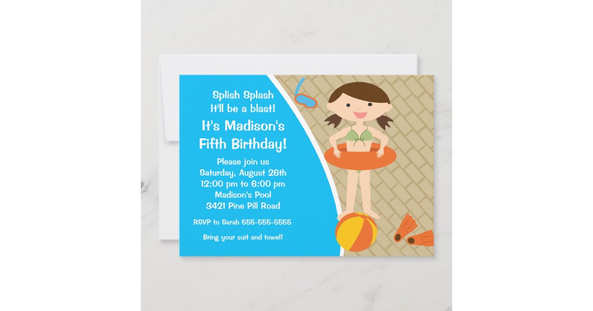 CUTE Girl Pool Party Birthday Invitation | Zazzle