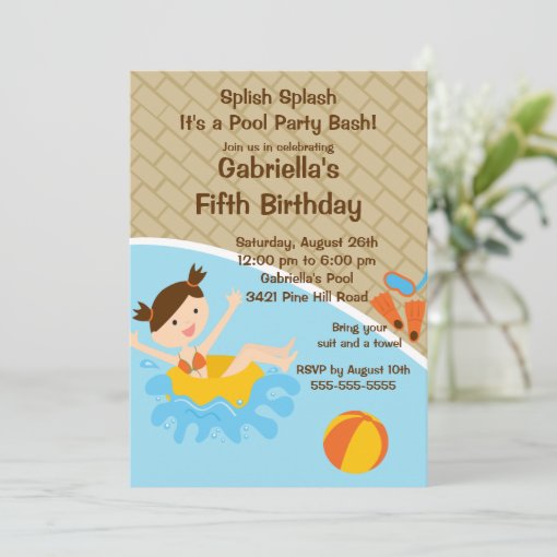 CUTE Girl Pool Party Birthday Invitation | Zazzle