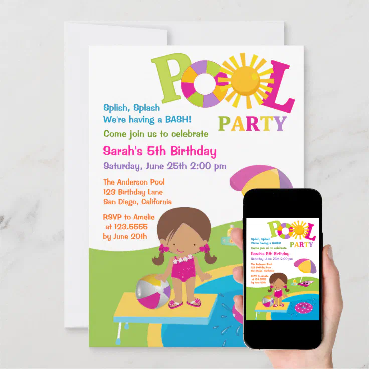 Cute Girl Pool Party Birthday Invitation | Zazzle