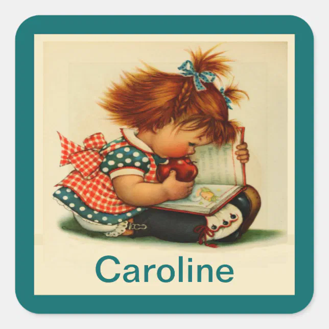 Cute Girl reading a Book with Name Stickers | Zazzle