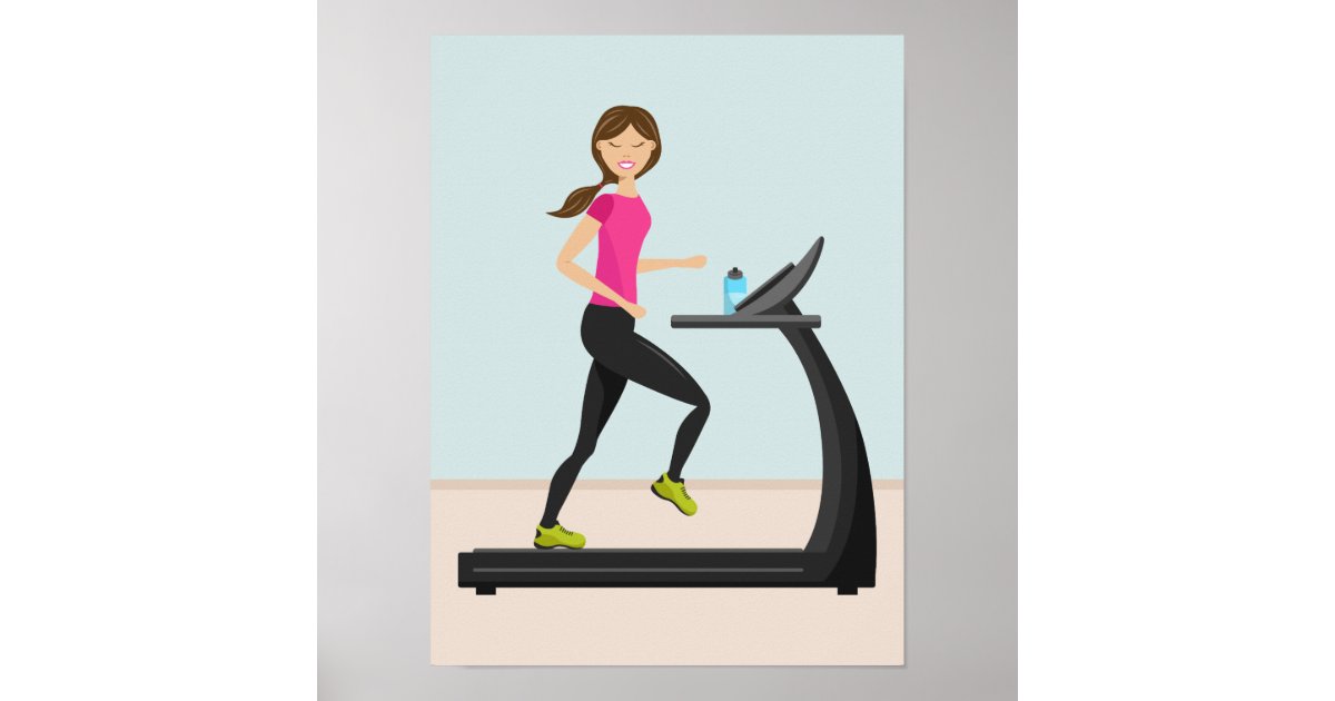 Cute Girl Running On A Treadmill Illustration Poster | Zazzle