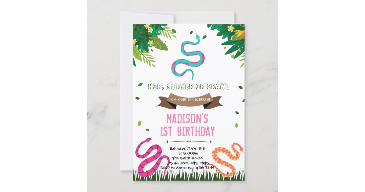 Cute girl snake birthday reptile invitation | Zazzle