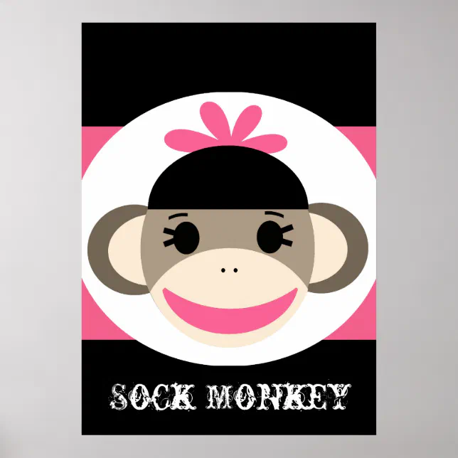 Cute Girl Sock Monkey Black Pink Stripes Poster | Zazzle