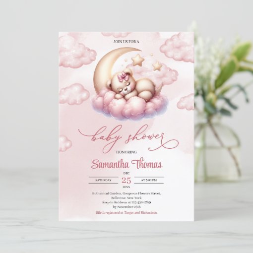 Cute girl teddy bear sleeping over the moon invitation | Zazzle