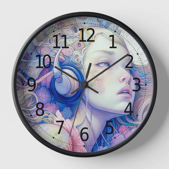 Cute Girl with Headphone Music Modern Artwork | Clock | Zazzle