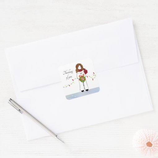 Cute Girl With Wreath and Lights Square Sticker | Zazzle