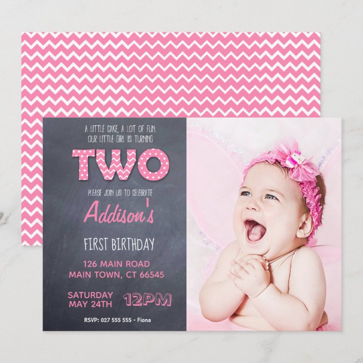 Cute Girls 2nd Birthday Pink Chalkboard Invitation | Zazzle