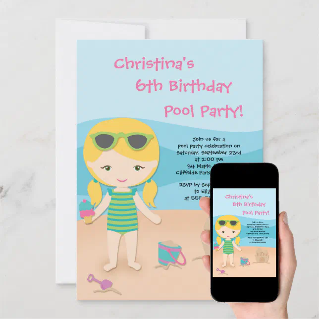 Cute Girls Beach Party Birthday Party Invitations | Zazzle