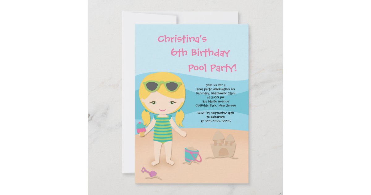 Cute Girls Beach Party Birthday Party Invitations | Zazzle