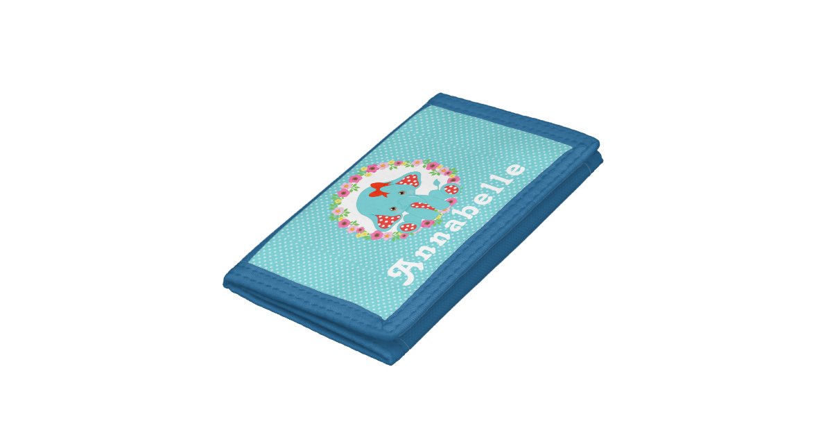 Cute Girls Floral Polka Dot Blue Elephant Trifold Wallet | Zazzle