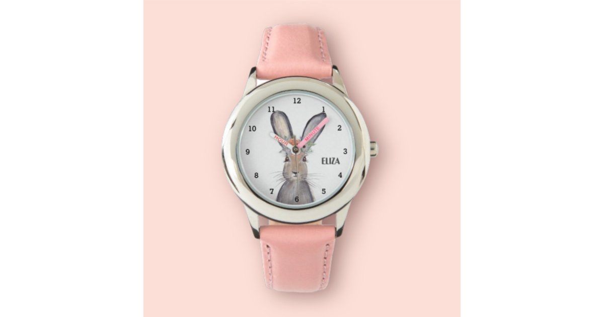 Cute Girls Pink Bunny Rabbit Animal Kids Floral Watch | Zazzle