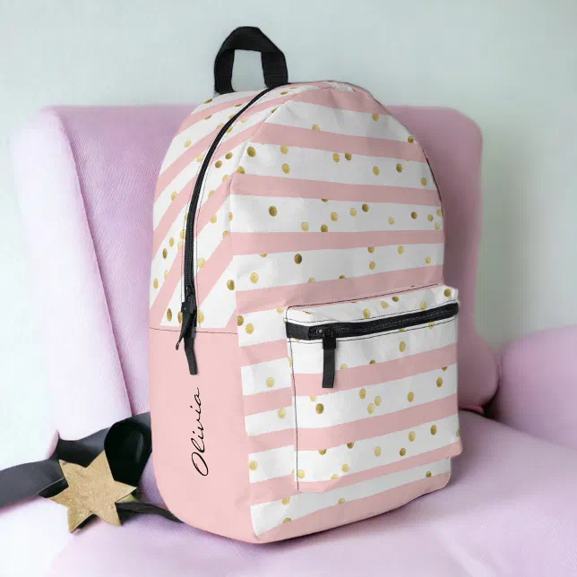 Cute Girl's Pink Stripes and Dots with Name Printed Backpack | Zazzle